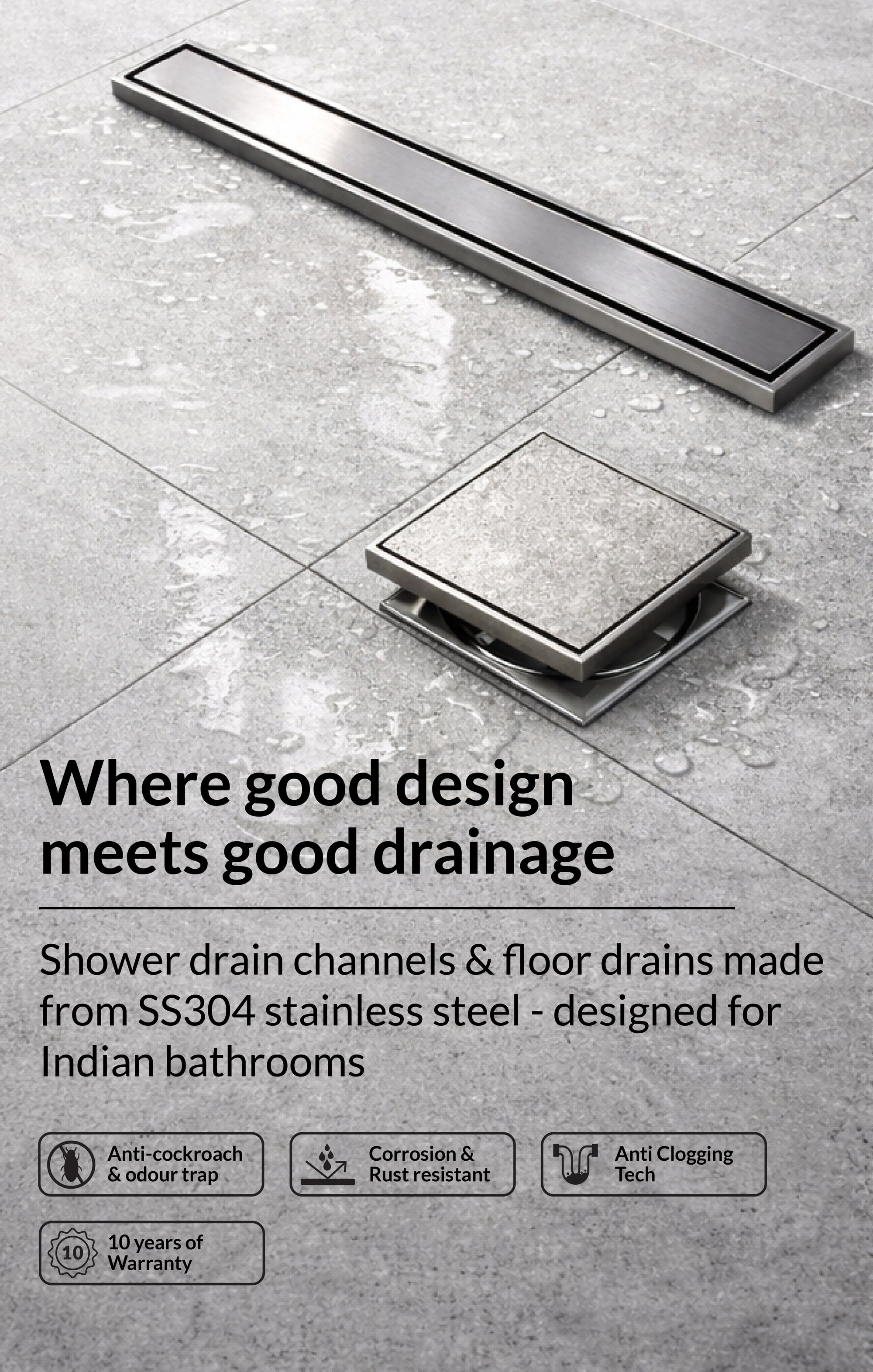 Shower Drain Channels & Floor Drains | Tile Insert & SS304 | BathStory